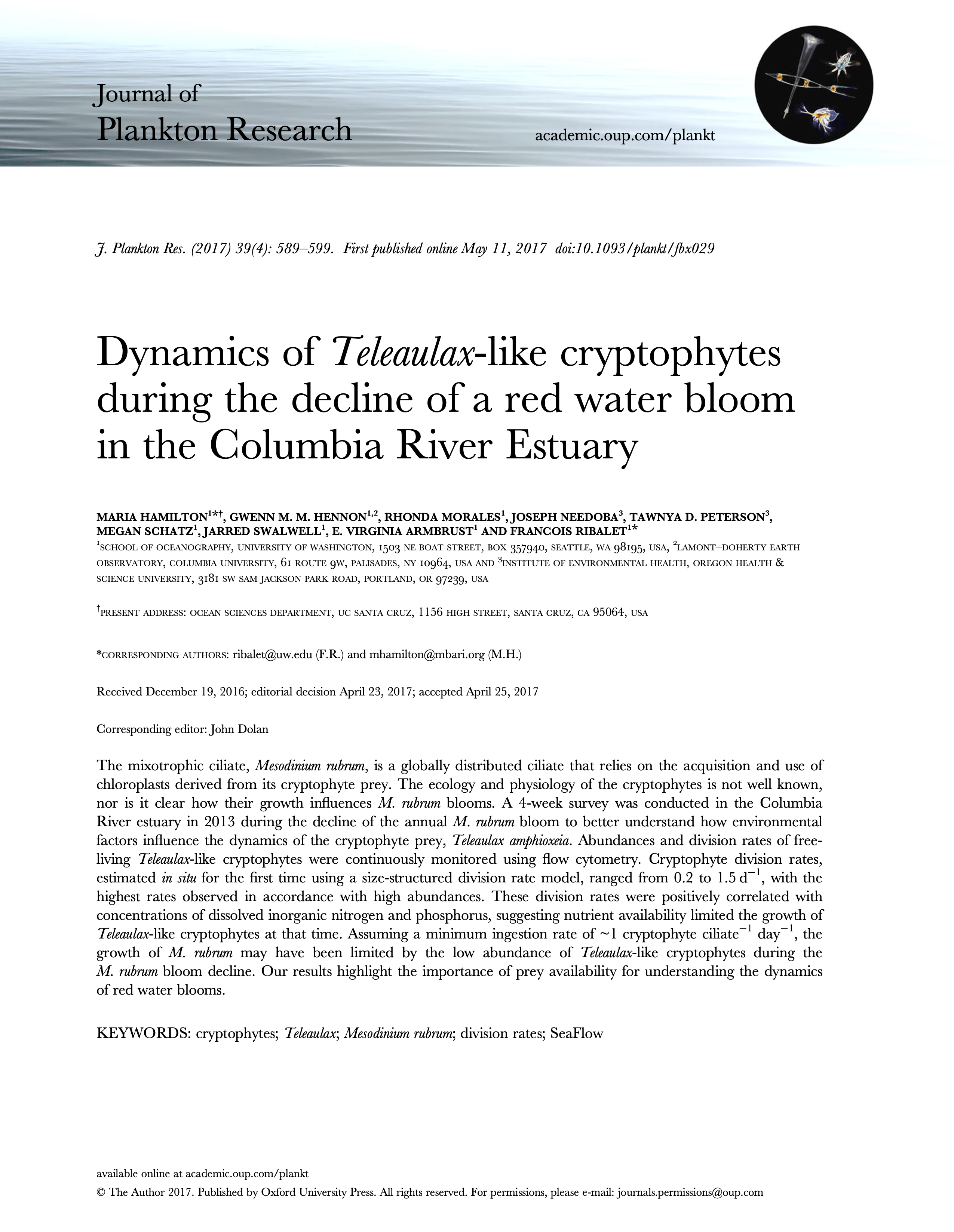 Dynamics of Teleaulax-like cryptophytes during the decline of a red ...